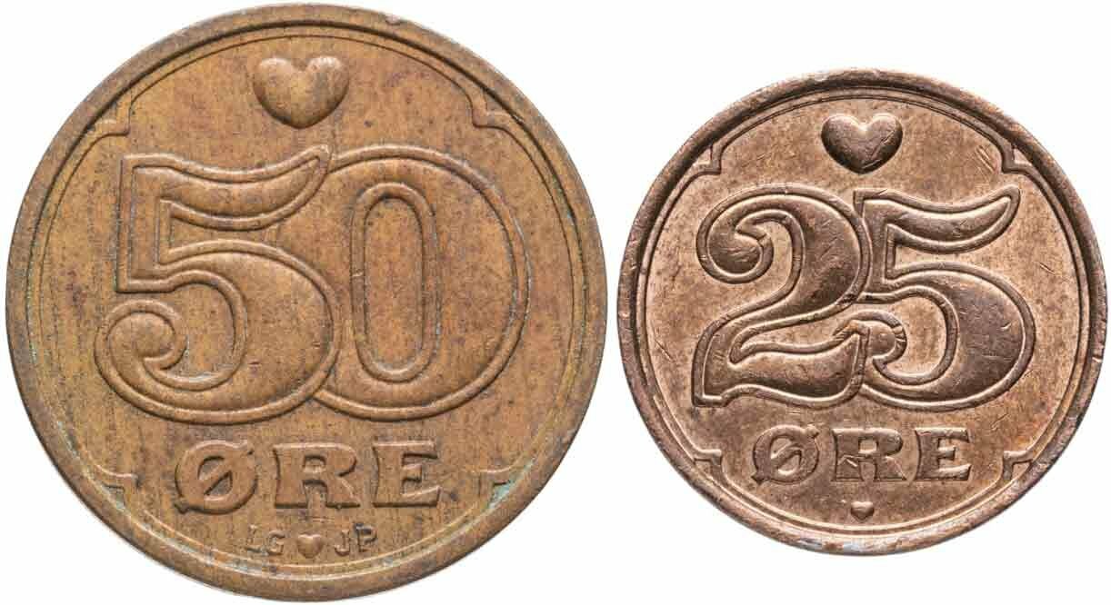 Дания набор монет 1989-2015 2 штуки, Бронза, в сохранности VF-XF