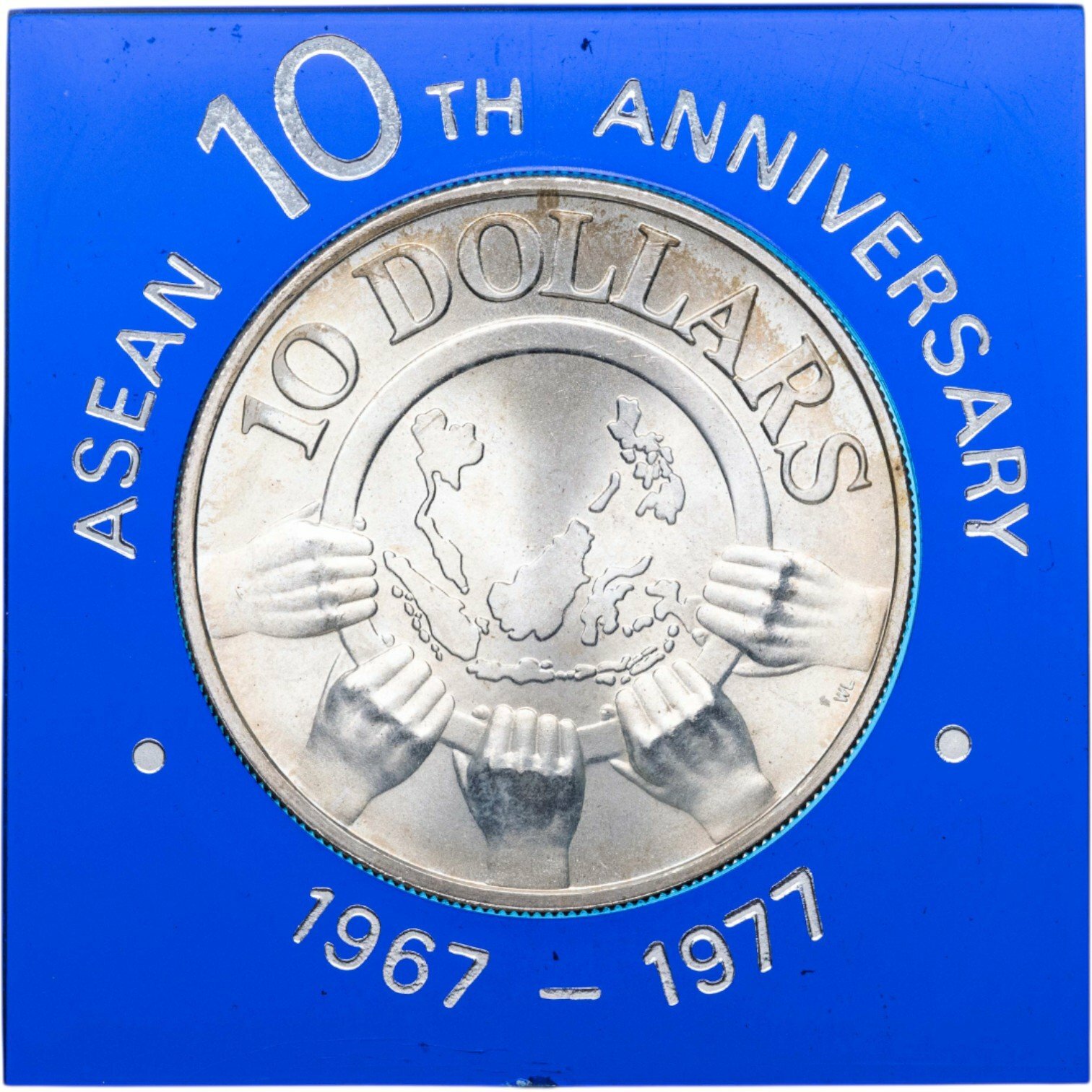 Сингапур 10 долларов dollars 1977 "10 лет асеан" в футляре, Серебро 500, в сохранности UNC