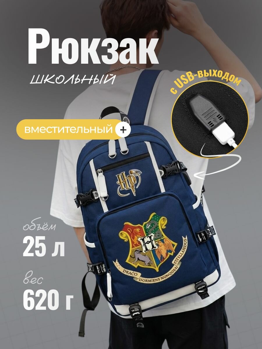 Школьный рюкзак "Хогвартс" для девочек и мальчиков, USB-разъем, оксфорд, 47x30x15 см