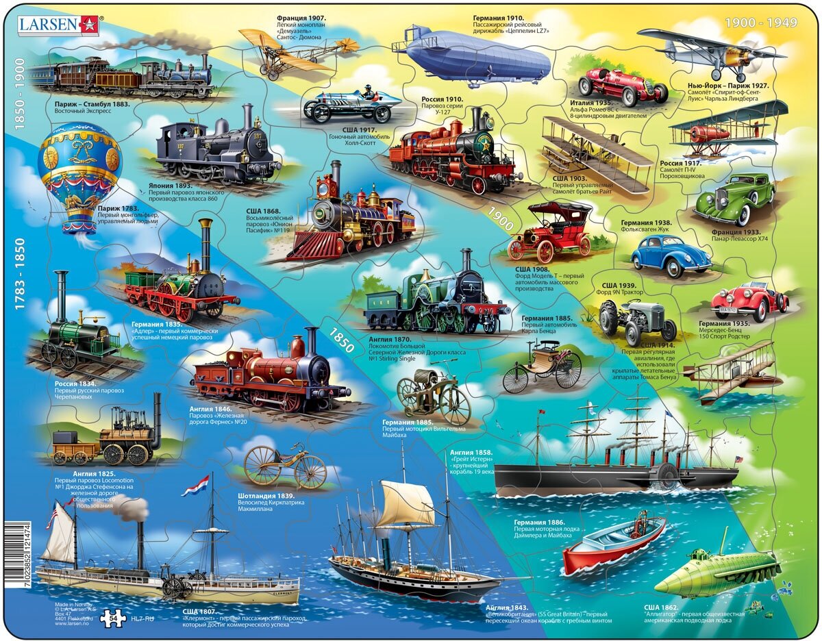 Пазлы для детей Larsen История транспорта 54 элемента, в ассортименте, интересные и развивающие
