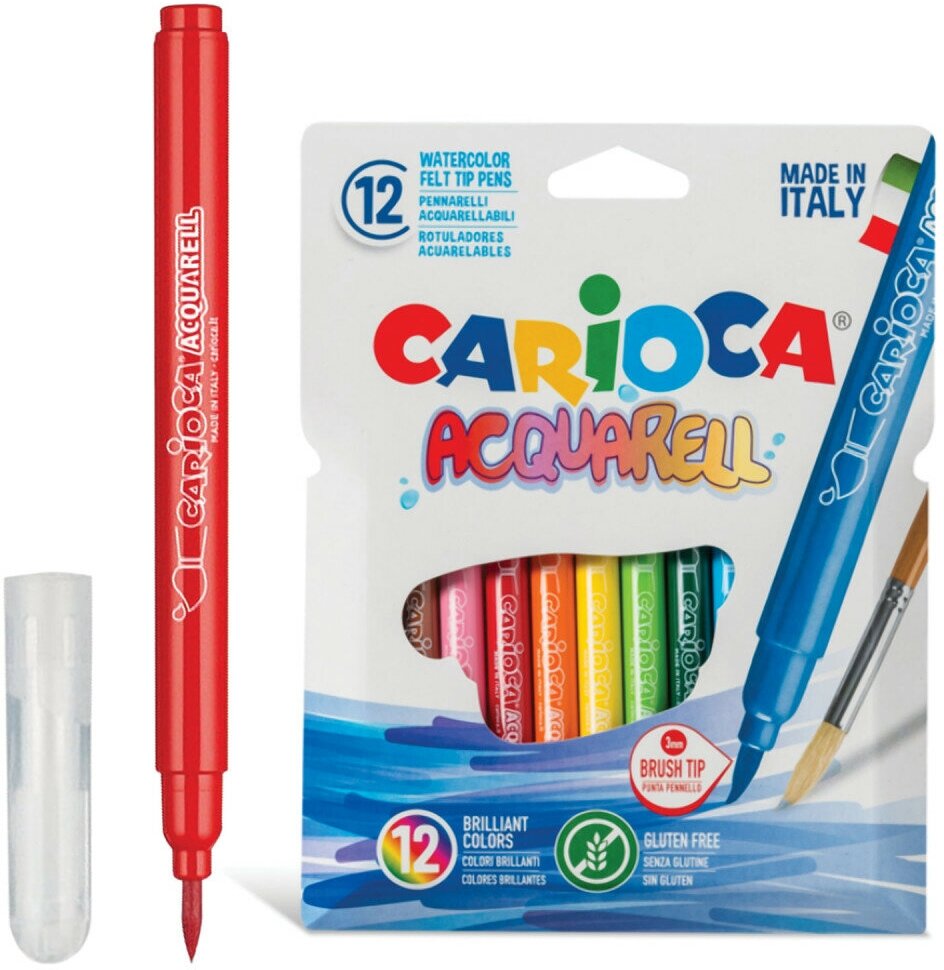 Фломастеры акварельные CARIOCA "Aquarell", 12 цветов, наконечник-кисть, смываемые, картонный конверт, 42747