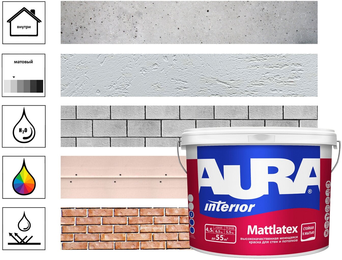 Краска Eskaro "Aura Mattlatex", для влажных помещений, 4,5 л