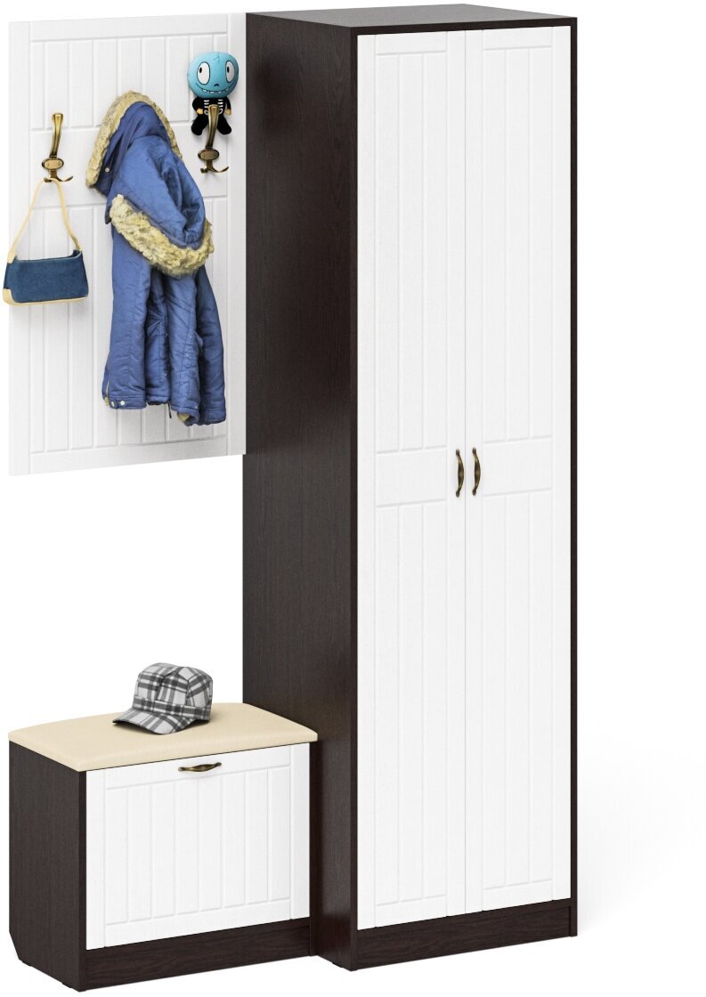 Шкаф в прихожую с обувницей с сиденьем и вешалкой П-6, венге/фасады МДФ белое дерево фрезеровка прованс 120х50х210