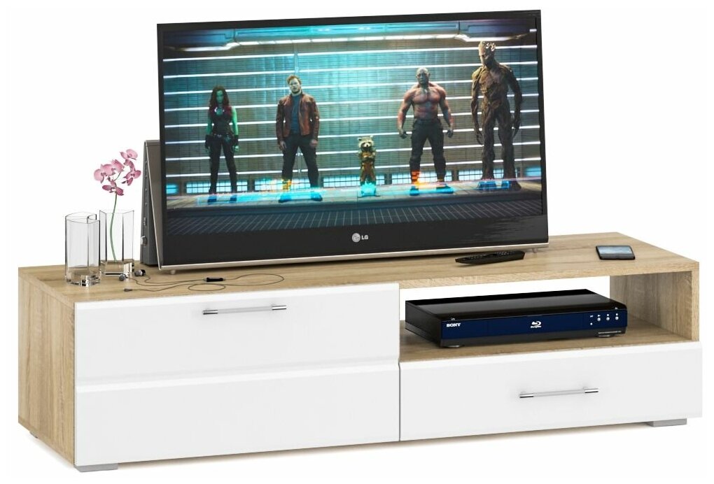 Тумба под телевизор напольная в гостиную глянцевая 140см корпус дуб сонома/фасады МДФ белый глянец