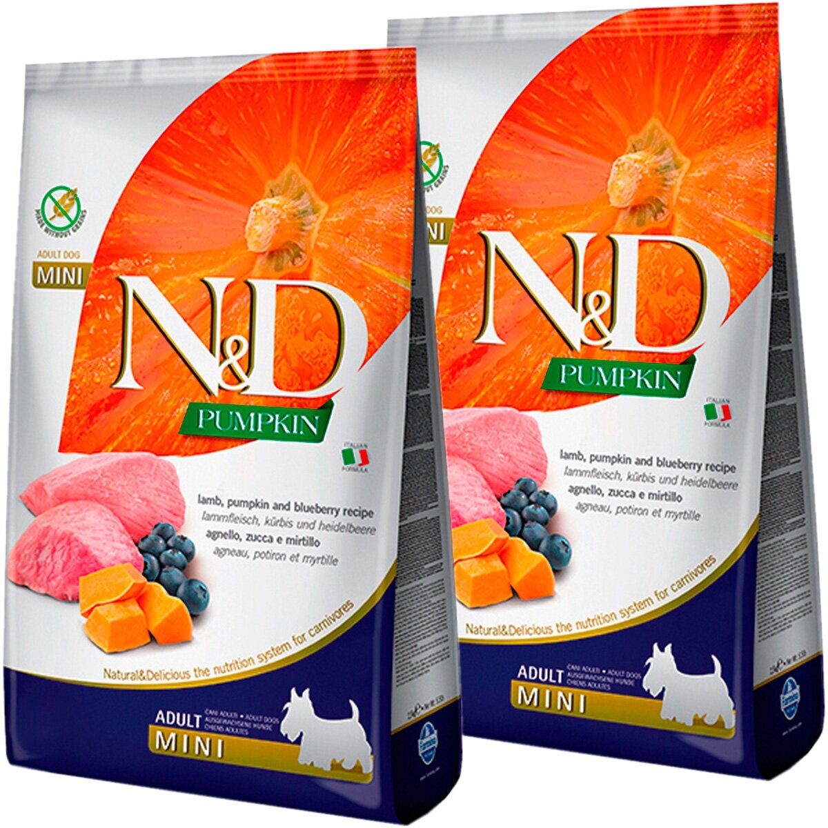 FARMINA DOG N&D GRAIN FREE PUMPKIN ADULT MINI LAMB & BLUEBERRY беззерновой для собак маленьких пород с ягненком, черникой и тыквой (2,5 + 2,5 кг)