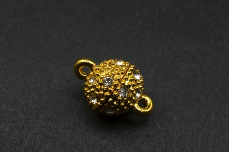 Замок магнитный Круглый со стразами, диаметр 10мм, длина 14мм, отверстие 1мм, цвет золото, сплав металлов, 10-077, 1шт