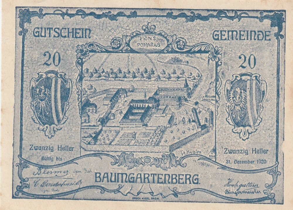 Австрия, Баумгартенберг 20 геллеров 1920 г.