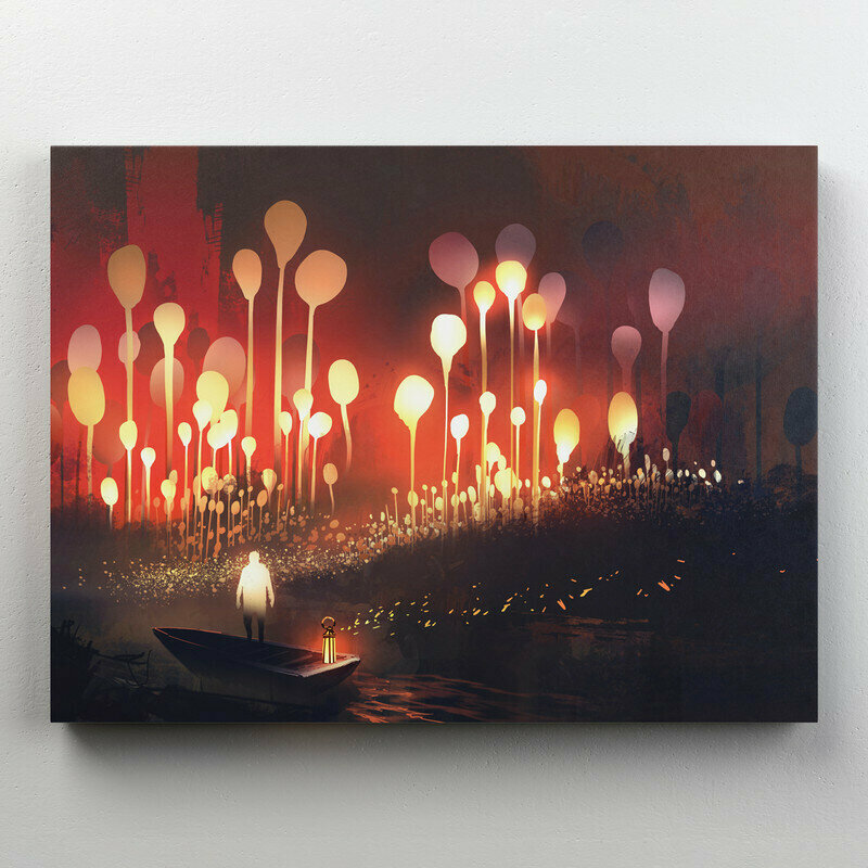 Интерьерная картина на холсте "Человек в лодке наблюдает за космическими растениями" размер 40x30 см