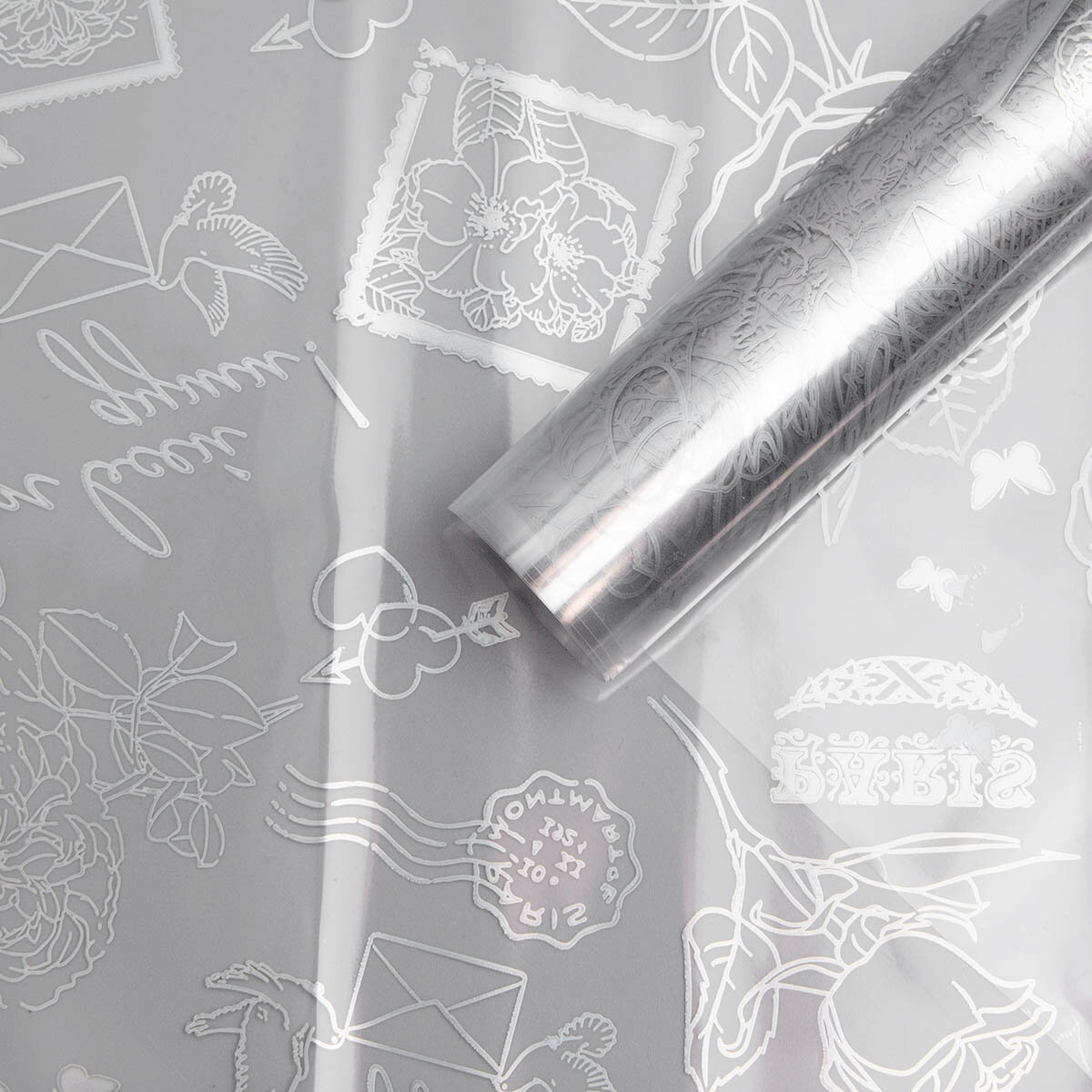 Пленка упаковочная для цветов и подарков 'Марки' (серебро), 70см*9,14м, Айрис