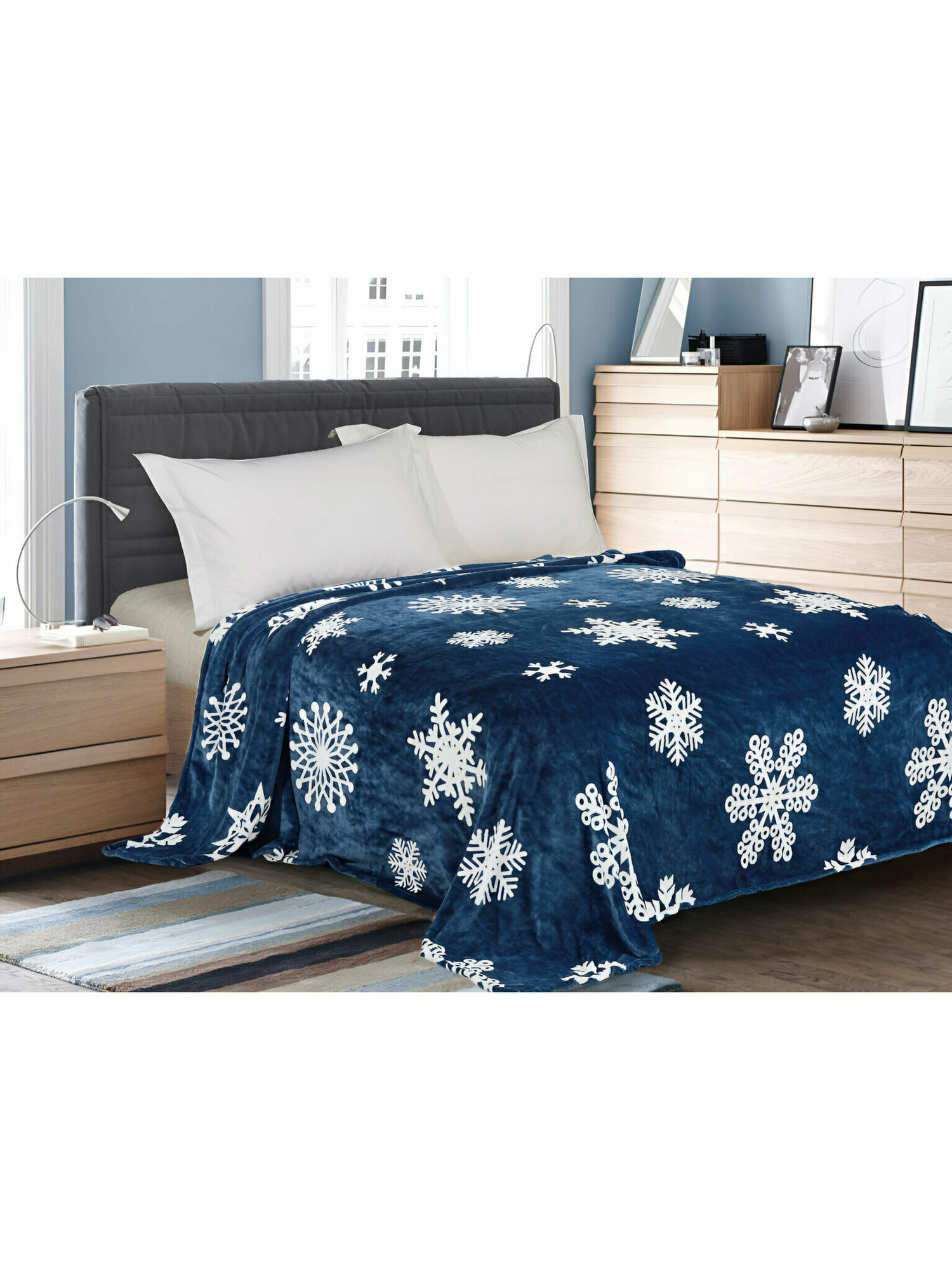 Плед из велсофта Снежинки на синем Elin (синий), 150x200