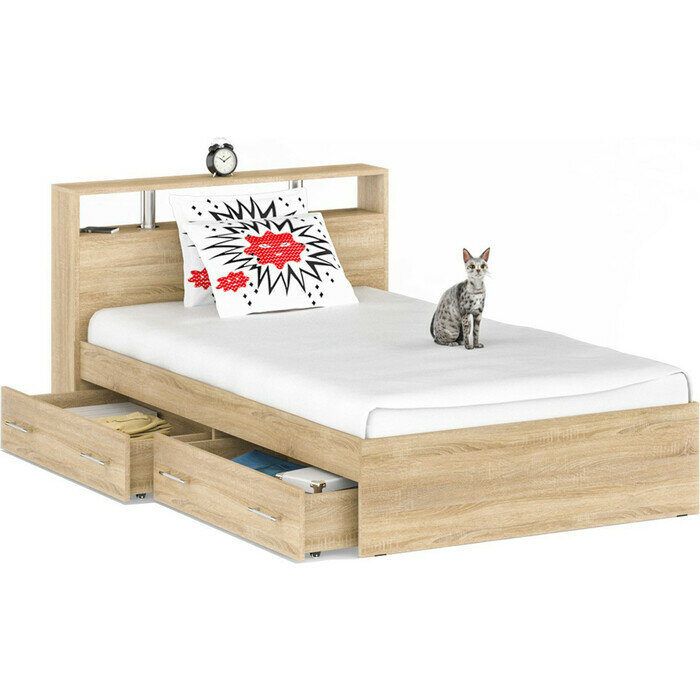 Кровать с ящиками СВК Камелия 120х200см ЛДСП цвет дуб сонома, два ящика, с основанием под матрас, без матраса