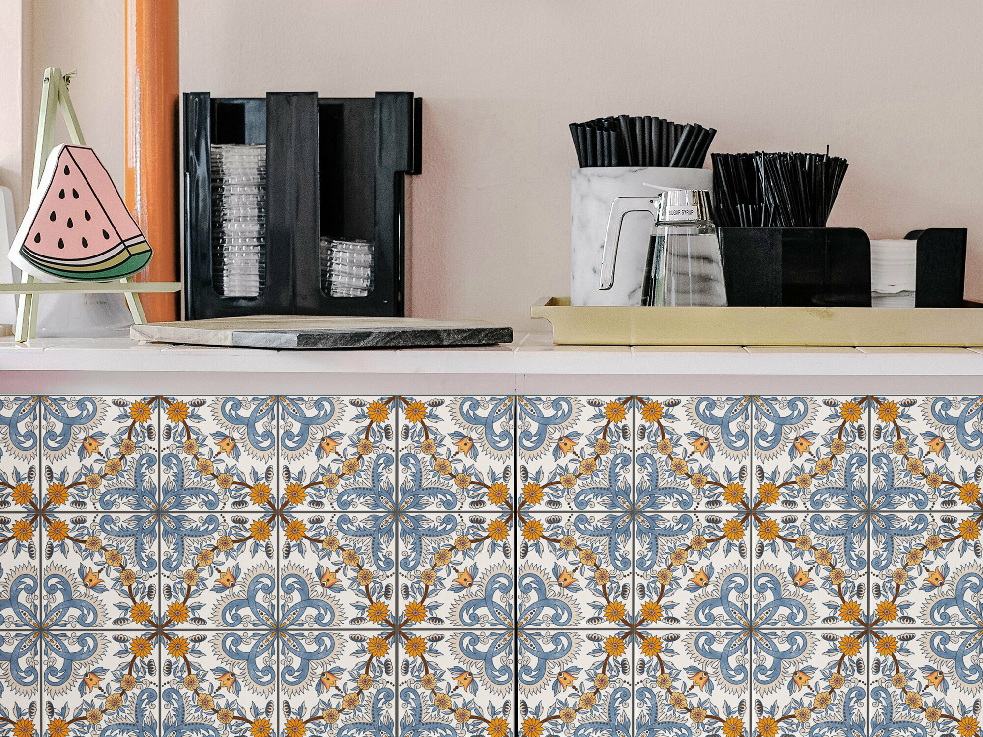 Самоклеящаяся интерьерная наклейка на мебель и плитку / Плитка с растительным узором "Гранатовые листья" 12 шт. 15х15 см