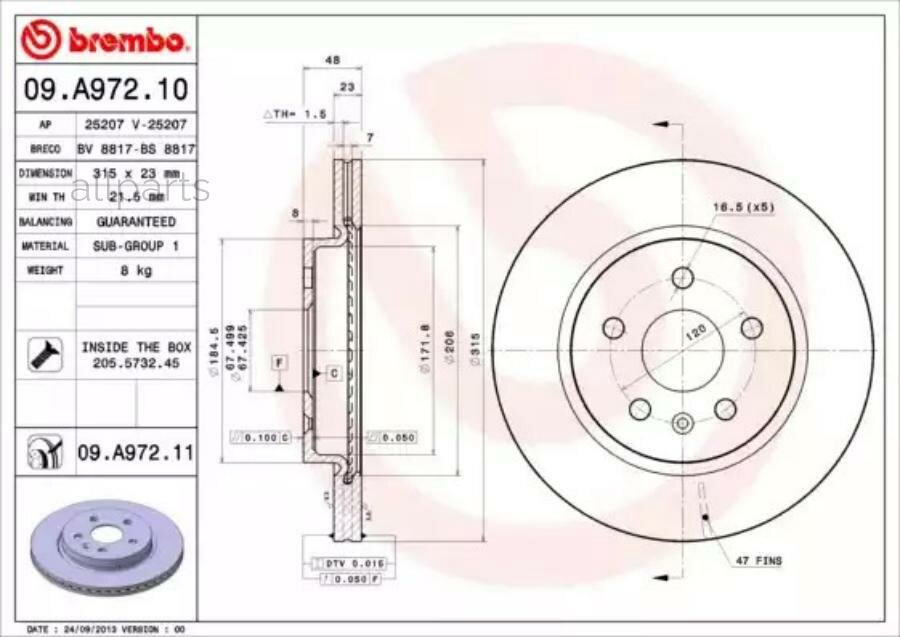 BREMBO 09. A972.11 Диск торм. зад. вент.[315x23] 5 отв.