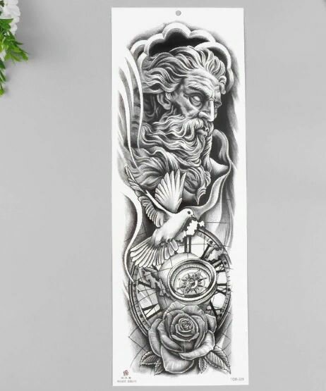 Татуировка на тело рукав черная могущественный Зевс с часами, розой и голубем