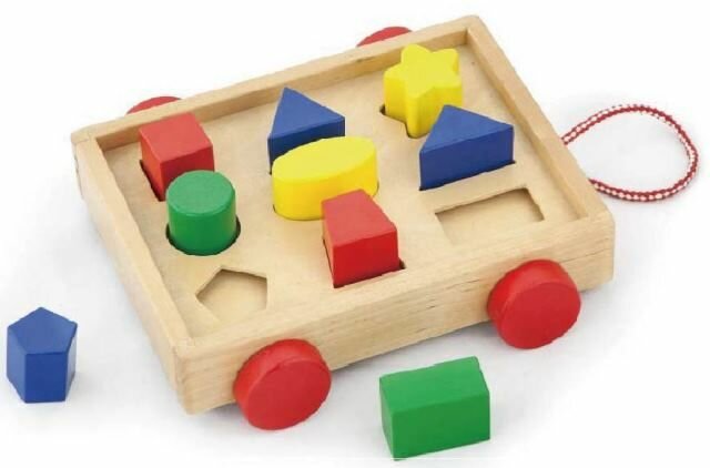 Каталка-сортер VIGA "Геометрические фигуры", на веревке, в коробке