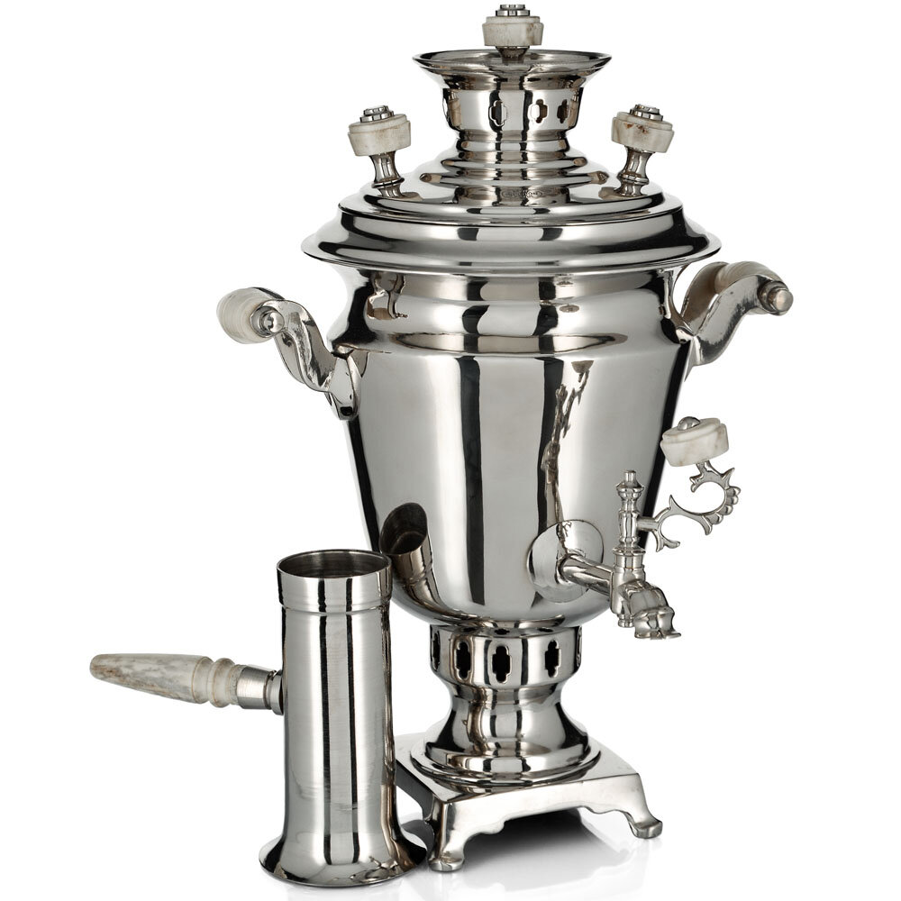 Самовар антикварный на дровах 1 литр формы «Рюмка » М. И. Фролов, с трубой, фурнитура кость, серебристый