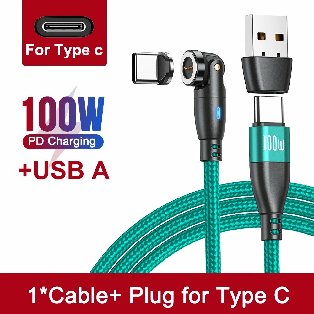AUFU 100 Вт Магнитный кабель USB типа C 5A Кабель для быстрой зарядки Micro 1,8 м, Green for Type C