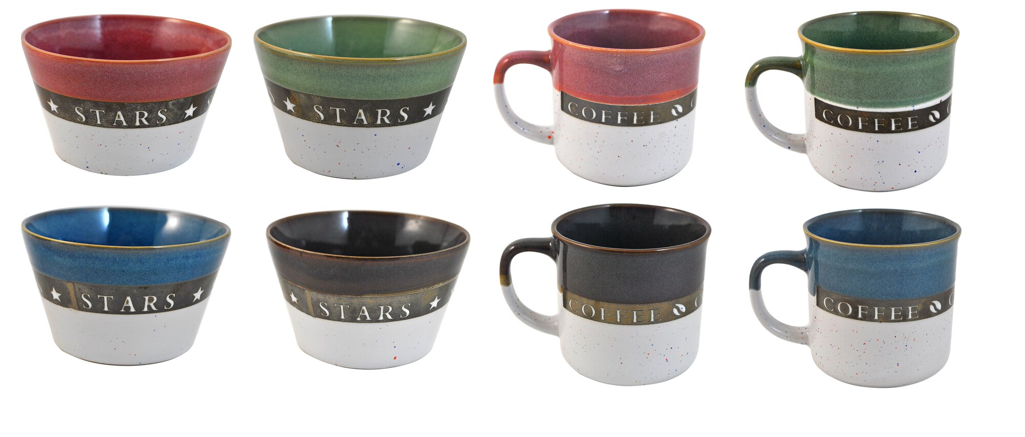 Набор столовой посуды 8 предметов (4 салатника + 4 кружки), керамический, разноцветный