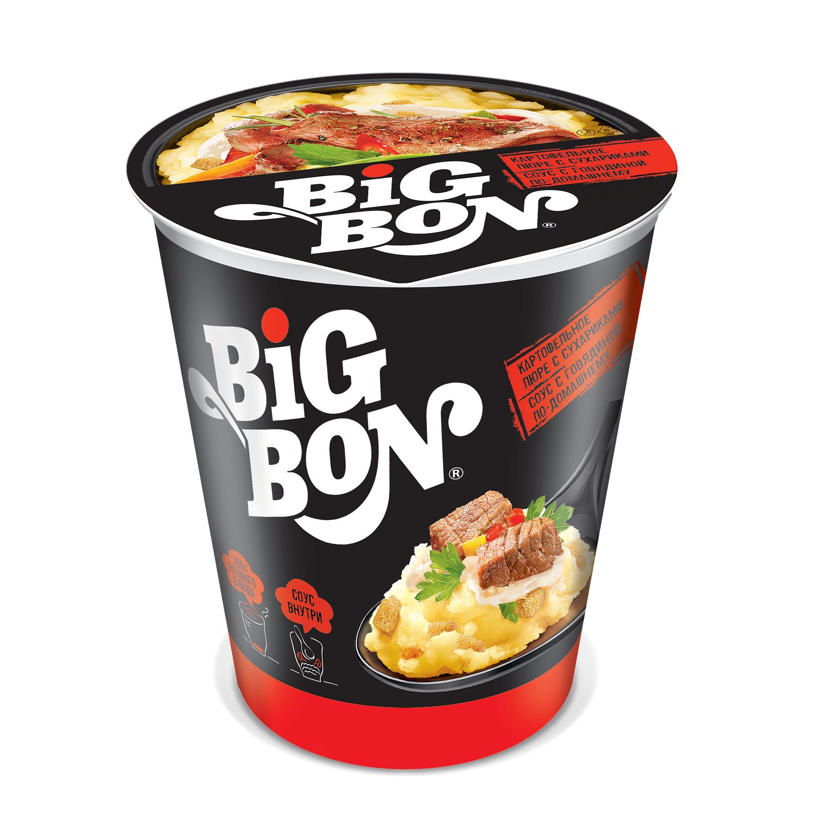 Упаковка из 24 штук Пюре картофельное Big Bon с сухариками+соус говядина (стак) 60г