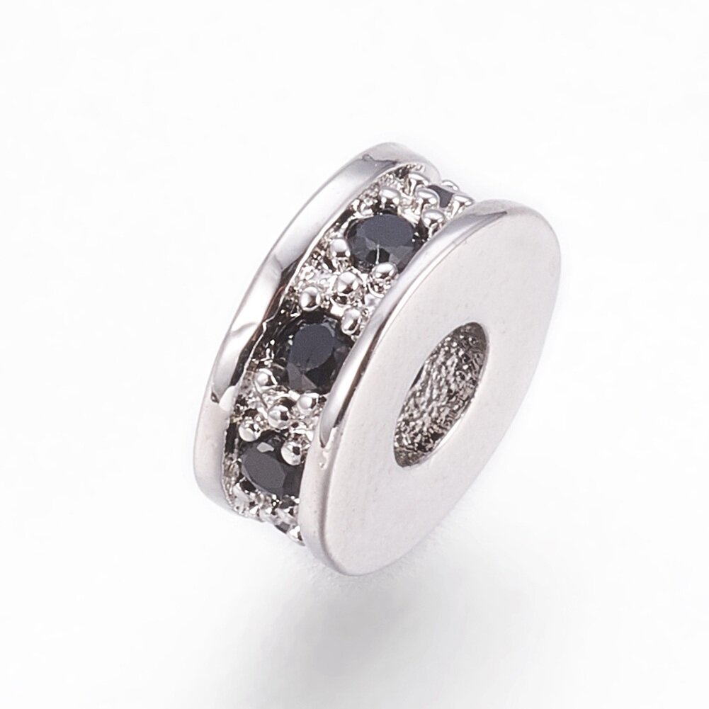 Бусина металлическая 7х3.5мм, Milano, Рондель, с крупным отверстием, с черными фианитами, базовый материал - латунь, под родий, 1 шт.