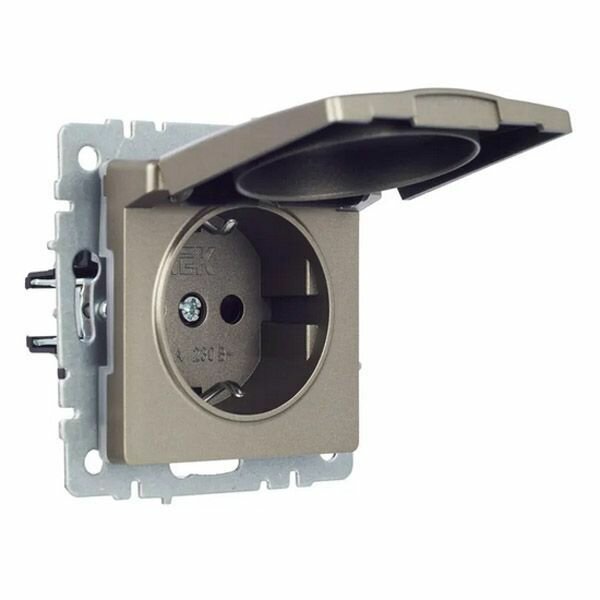 Штепсельная розетка встраиваемая IEK BRITE 16А BR-R16-16-44-K37 РСбш10-3-44-БрШ с з/к и шторками с крышкой шампань IP44