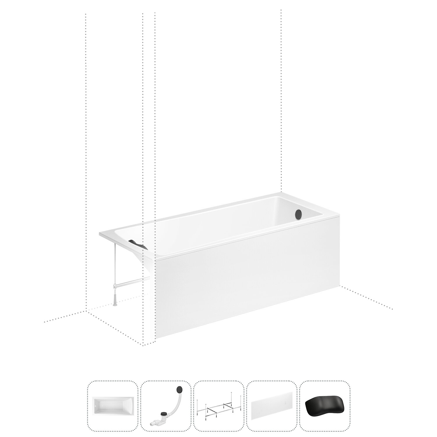 Акриловая ванна 170x75 с каркасом и экраном Lavinia Boho One 202011718 в наборе 5 в 1: прямоугольная ванна 170 x 75 см, слив-перелив, каркас, экран, подголовник