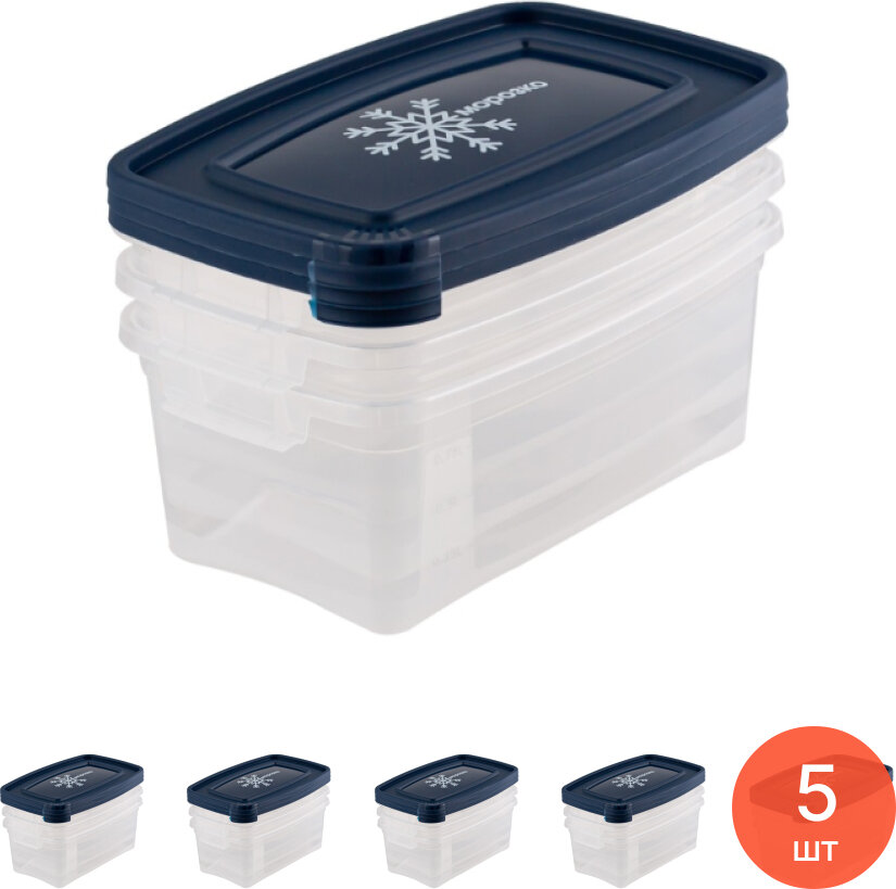 Контейнеры для хранения продуктов Полимербыт Морозко пластик с плотной крышкой для замораживания прямоугольные 3 шт. по 1л / аксессуары для кухни (комплект из 5 шт)