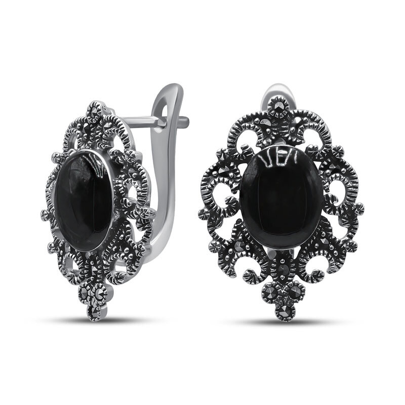 Серьги, серебро, 925 проба, оникс, марказит