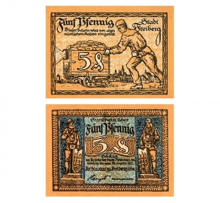 Нотгельд 5 пфеннигов 1921 Германия, Фрайберг, сувенирная копия, банкноты и купюры редкие коллекционные