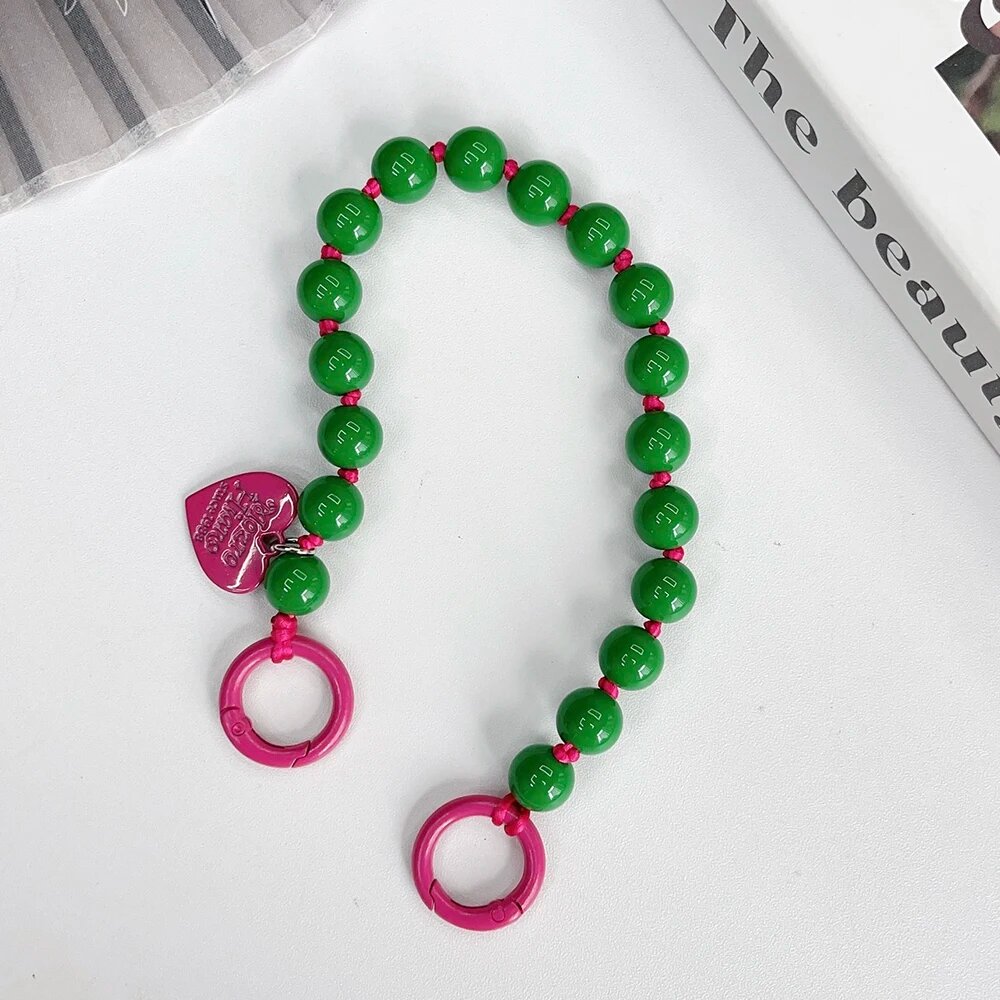 Корейская красочная цепочка для телефона с сердечком из бисера, кулон, подвесной ремешок, брелок для ключей для iPhone, сумка для ключей, подвесная веревка для женщин Green Pink