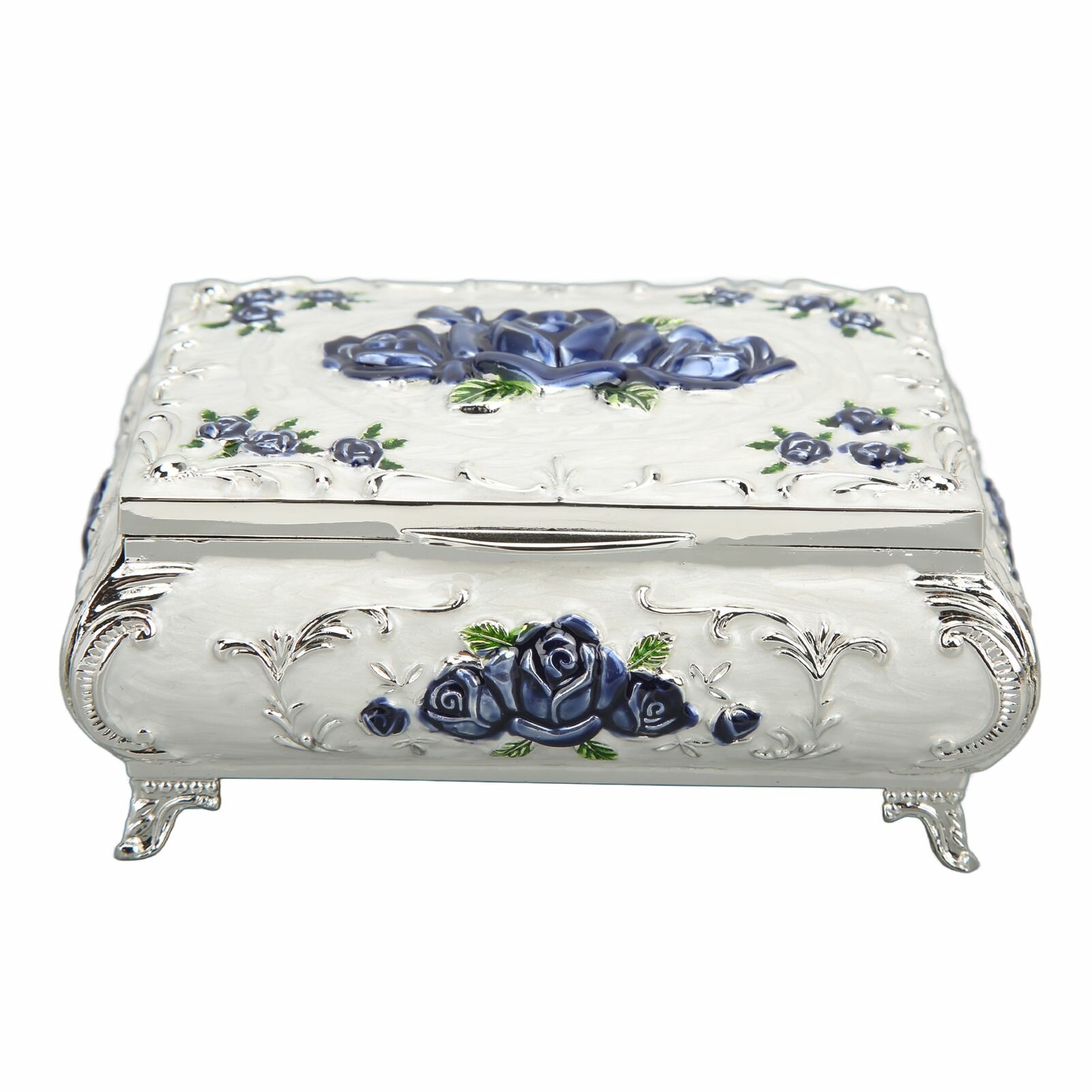Винтажная прямоугольная шкатулка для украшений, серебристо-белая с синим и розовым, подарок