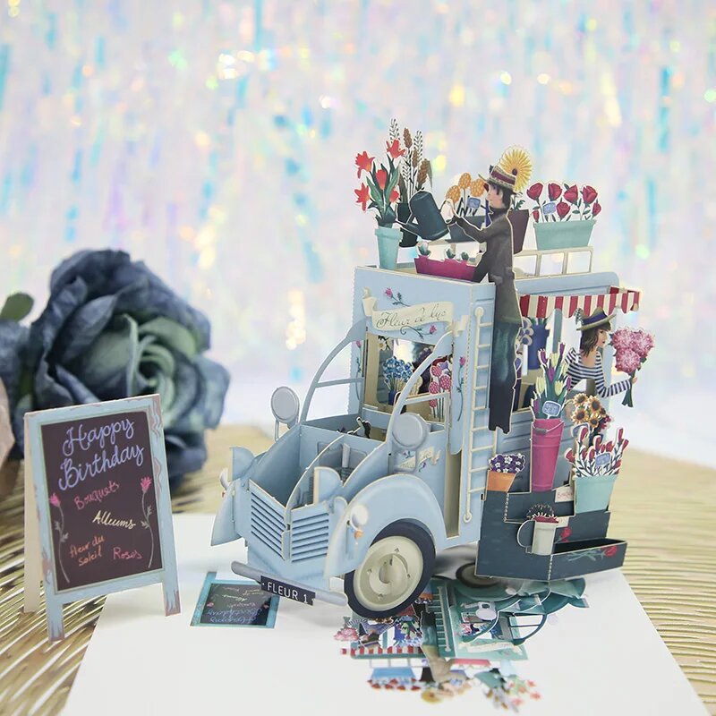 3D открытка с днем рождения parehope Flower car