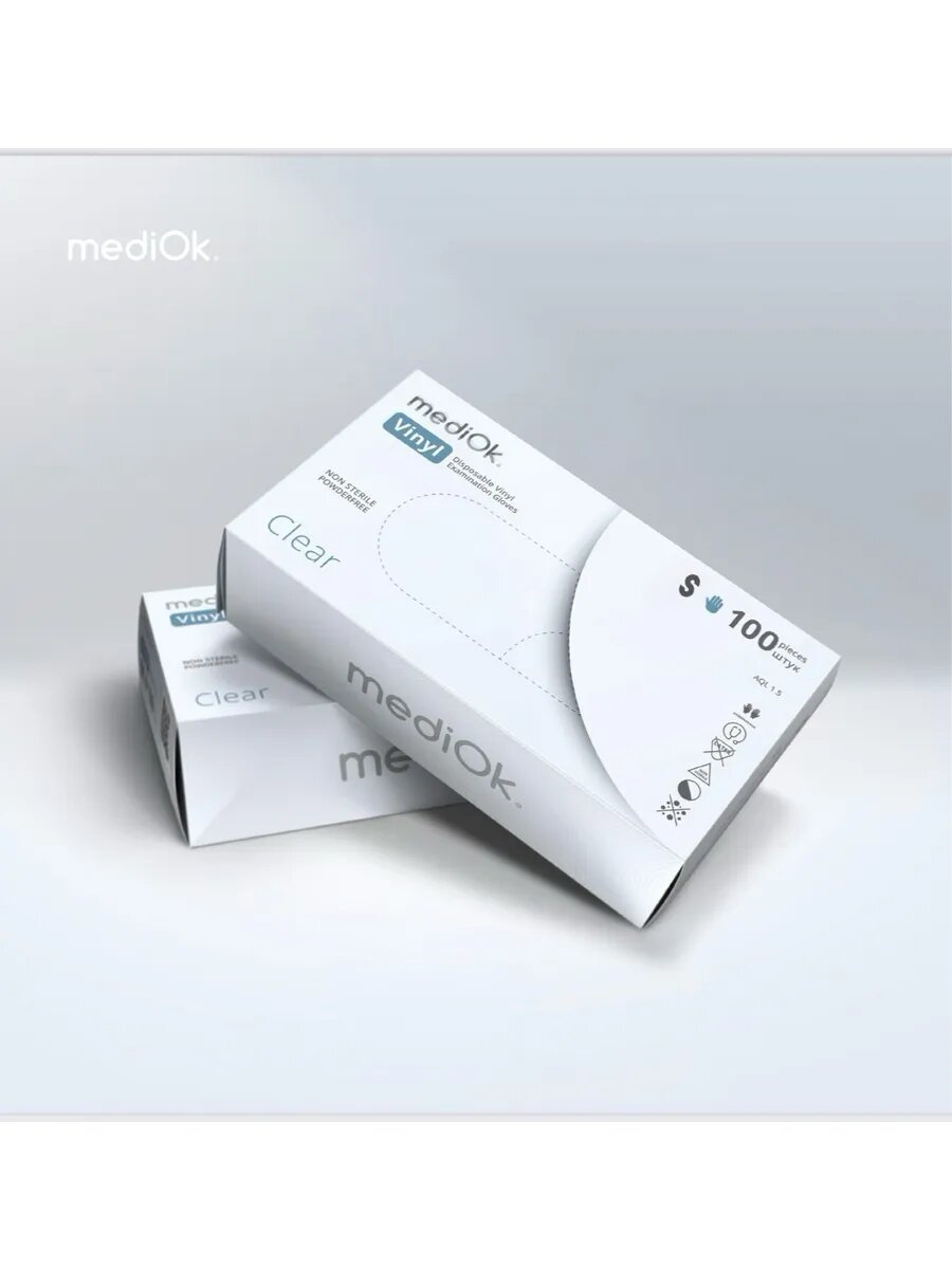 Перчатки виниловые mediOk, размер S, прозрачные, 50 пар, 100 шт
