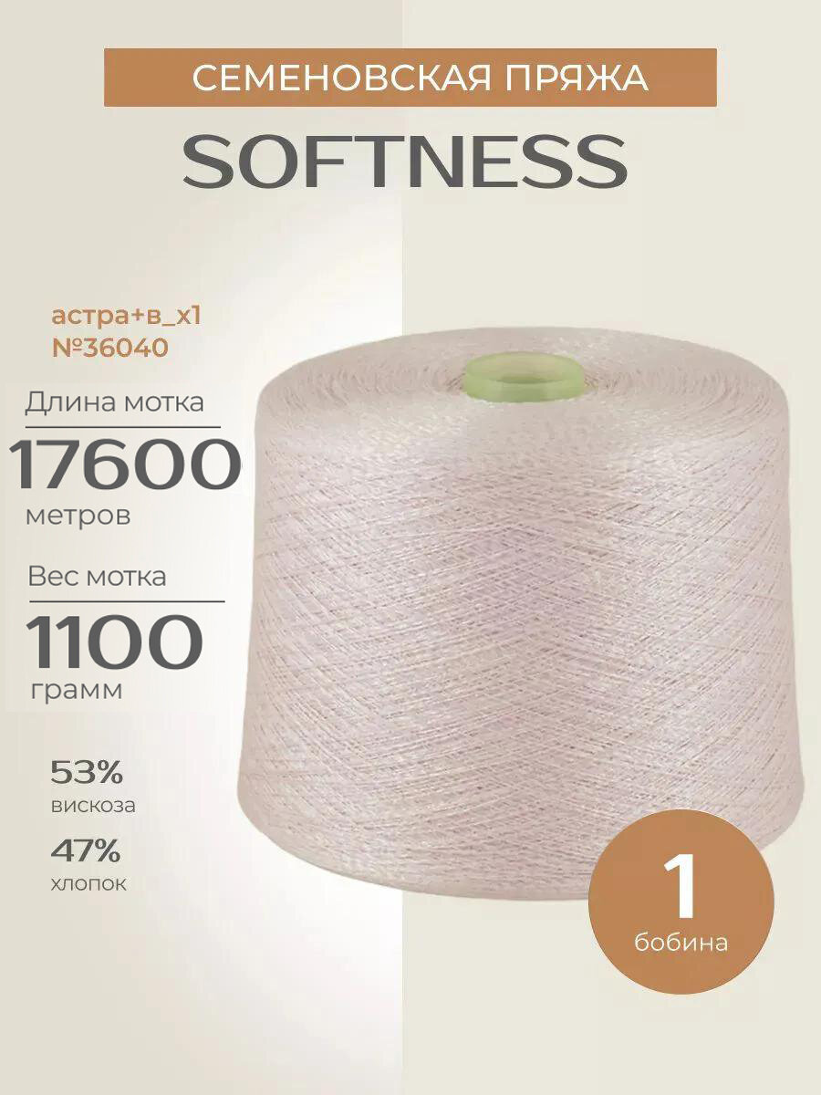 Бобинная пряжа для вязания спицами, крючком и машиной Семеновская "Softness" тонкая, хлопок, вискоза, цвет: 36040 Астра+В_х1, 1 бобина 1,1 кг, 17600 м