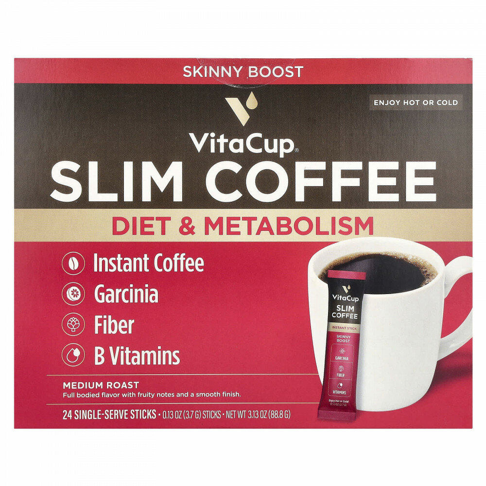 VitaCup, Растворимый кофе Slim Blend, средней обжарки, 24 палочки, по 3,7 г (0,13 унции) каждая