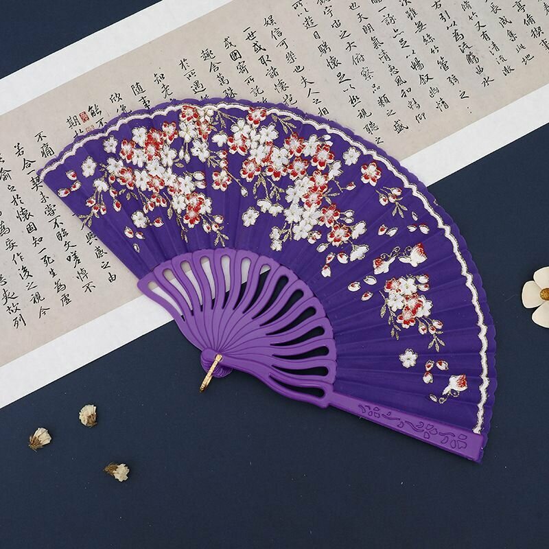 Веер, пластик, текстиль, цвет фиолетовый C965, длина 23см, 1шт