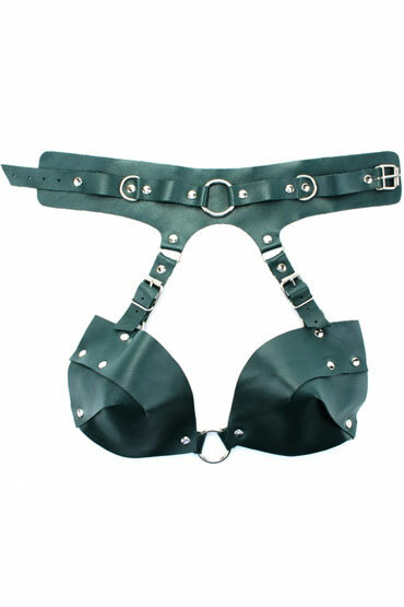 BDSM Арсенал Сбруя из ошейника и лифа Lady's Arsenal, изумрудная С кольцами для фиксации и ошейника
