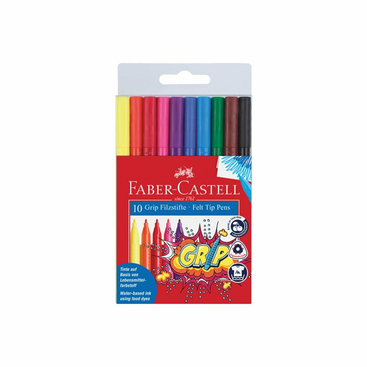 Набор фломастеров 10 цветов Faber-Castell Grip (линия 1-2мм, смываемые, трехгранные) пвх (155310), 10 уп.