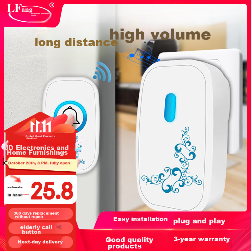 LFang A280 Wireless Doorbell for Home, Smart Electronic Doorbell, Elderly Call Button, Wall-Penetrating