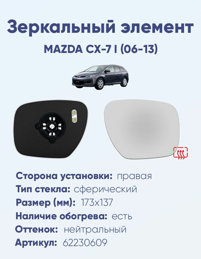 Зеркальный элемент правый MAZDA CX-7 I (06-13) сфера нейтральный с обогревом