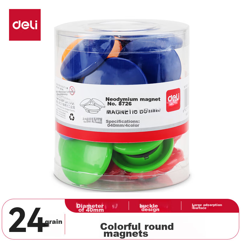 Deli, 24 Pieces/tube, Colored Whiteboard Magnets/magnetic Tiles/magnets, Refrigerator Magnets, Whiteboard Accessories, Strong Magnets, Magnetic Tiles for Teaching, Blackboard Magnetic Attraction, 8726