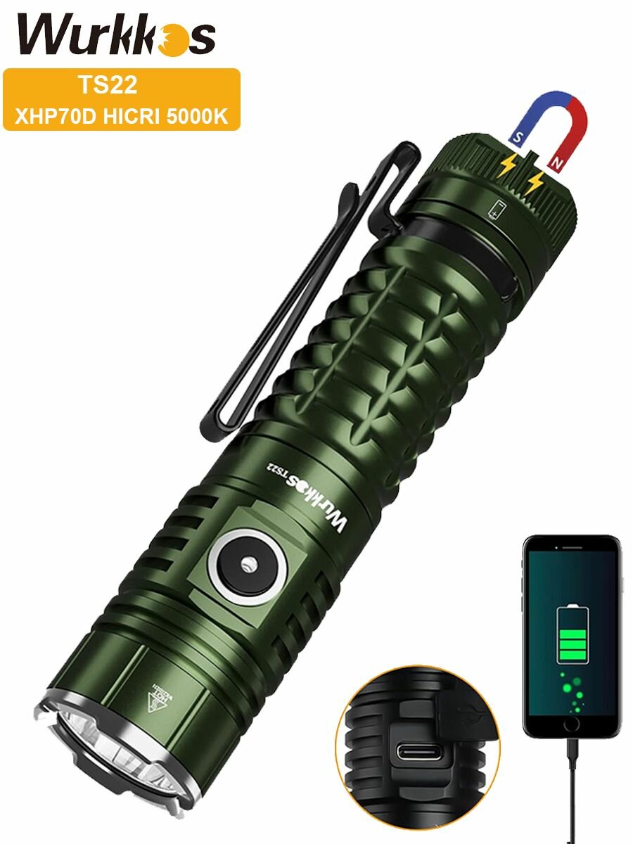 Wurkkos TS22 Фонарь 4500 Люмен XHP70D HICRI LED лампа, IP68 Водонепроницаемый магнитный фонарь, Внешний аккумулятор, Зеленый 5000K
