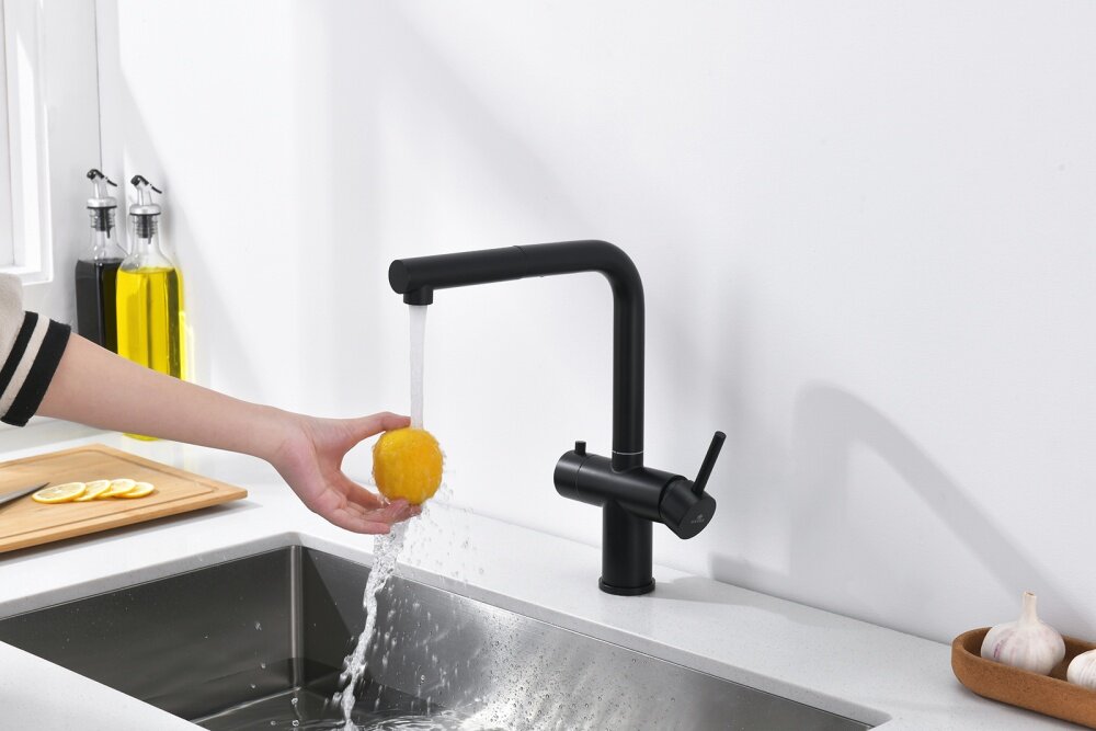 Смеситель для кухни Ganzer с выдвижным изливом и подключением под фильтр GZ16036-C черный