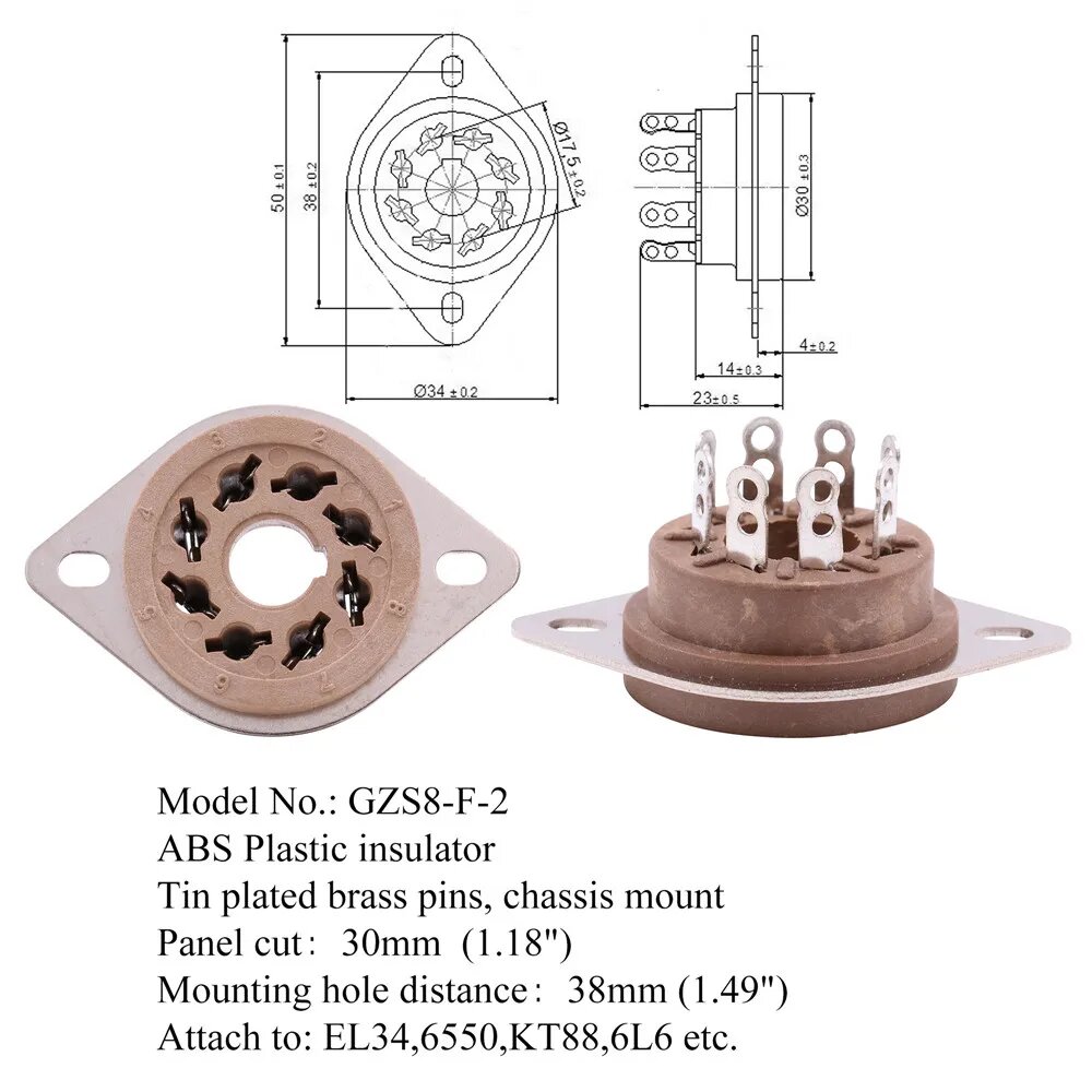 Розетка 8PIN GZS8F-2 для EL34, 6550, KT88, 6L6