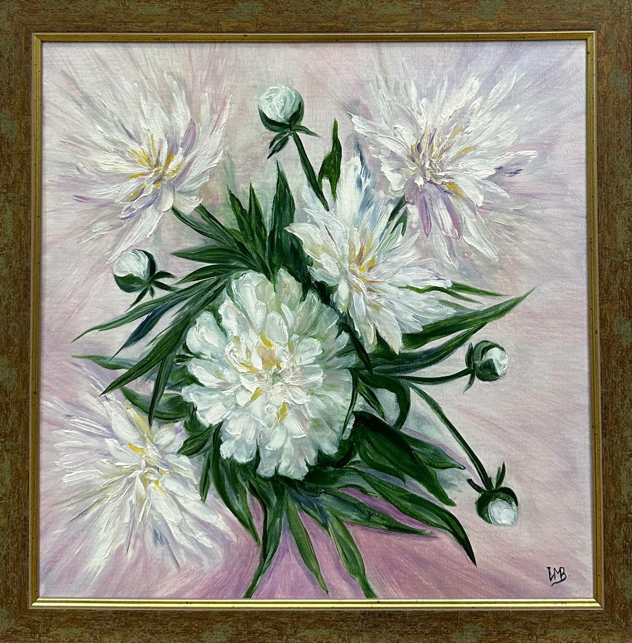 Картина маслом на холсте, весна, нежность "Белые пионы"