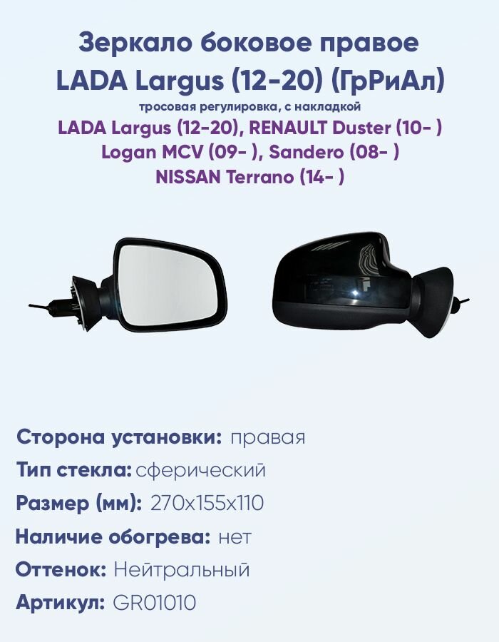 Зеркало боковое штатное правое для Лада Ларгус (2012-20), Рено Логан, Дастер, Сандеро, NISSAN Terrano, с накладкой, тросовая регулировка, противоослепляющий отражатель нейтрального тона.