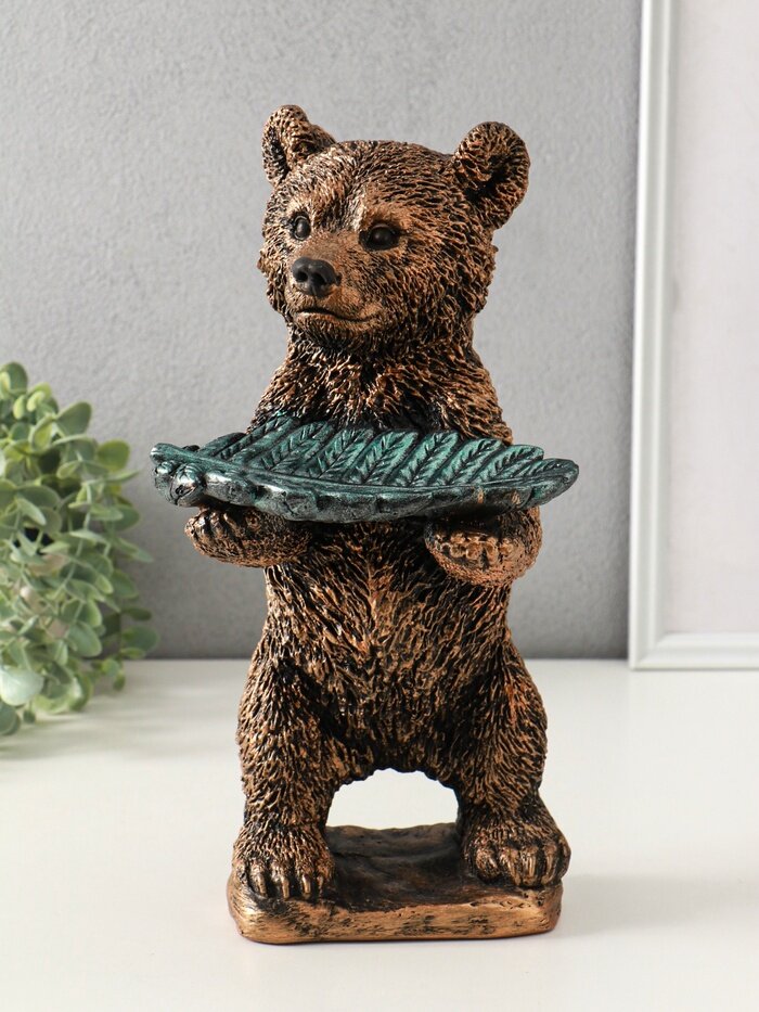 Копилка для денег с подставкой для мелочей «Мишка с листком», гипс, 34×18 см, бронза с серебром