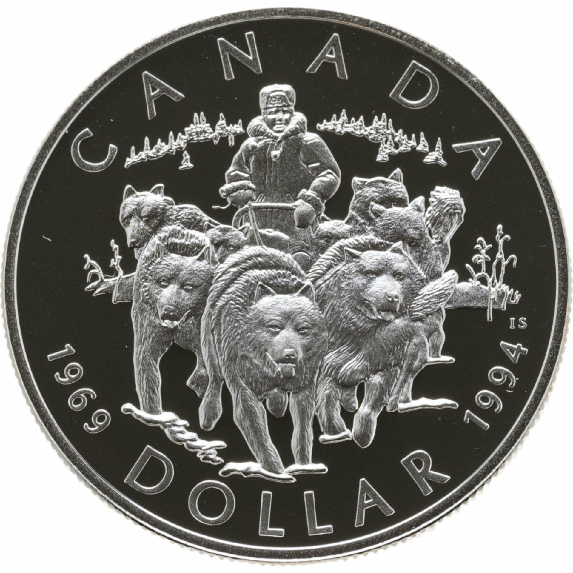Канада 1 доллар 1994 "25 лет последнему патрулю на собачьих упряжках" в футляре с сертификатом, Серебро 925, в сохранности Proof