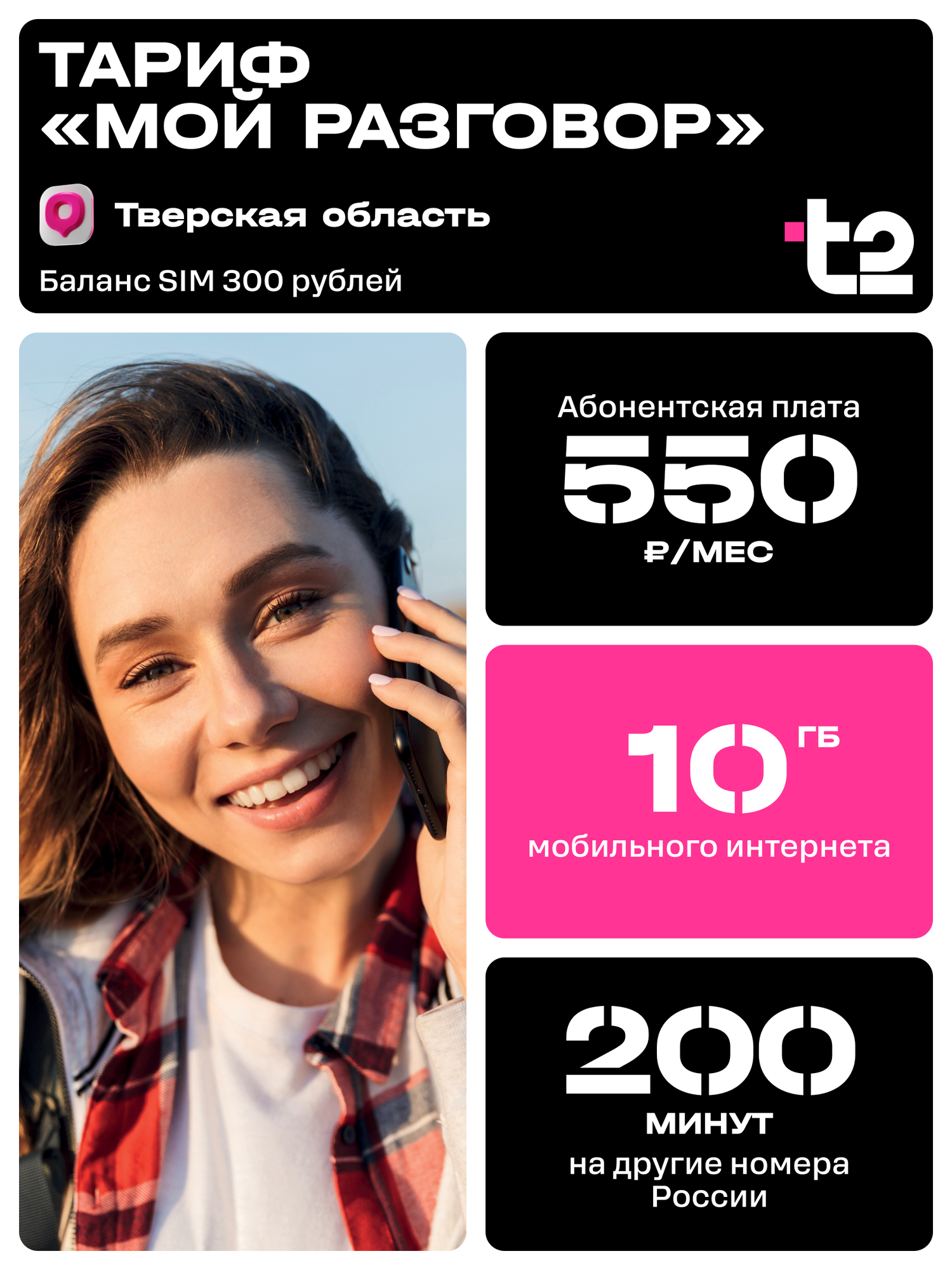 Сим карта T2 "Мой разговор", Тверская область Баланс 300 руб