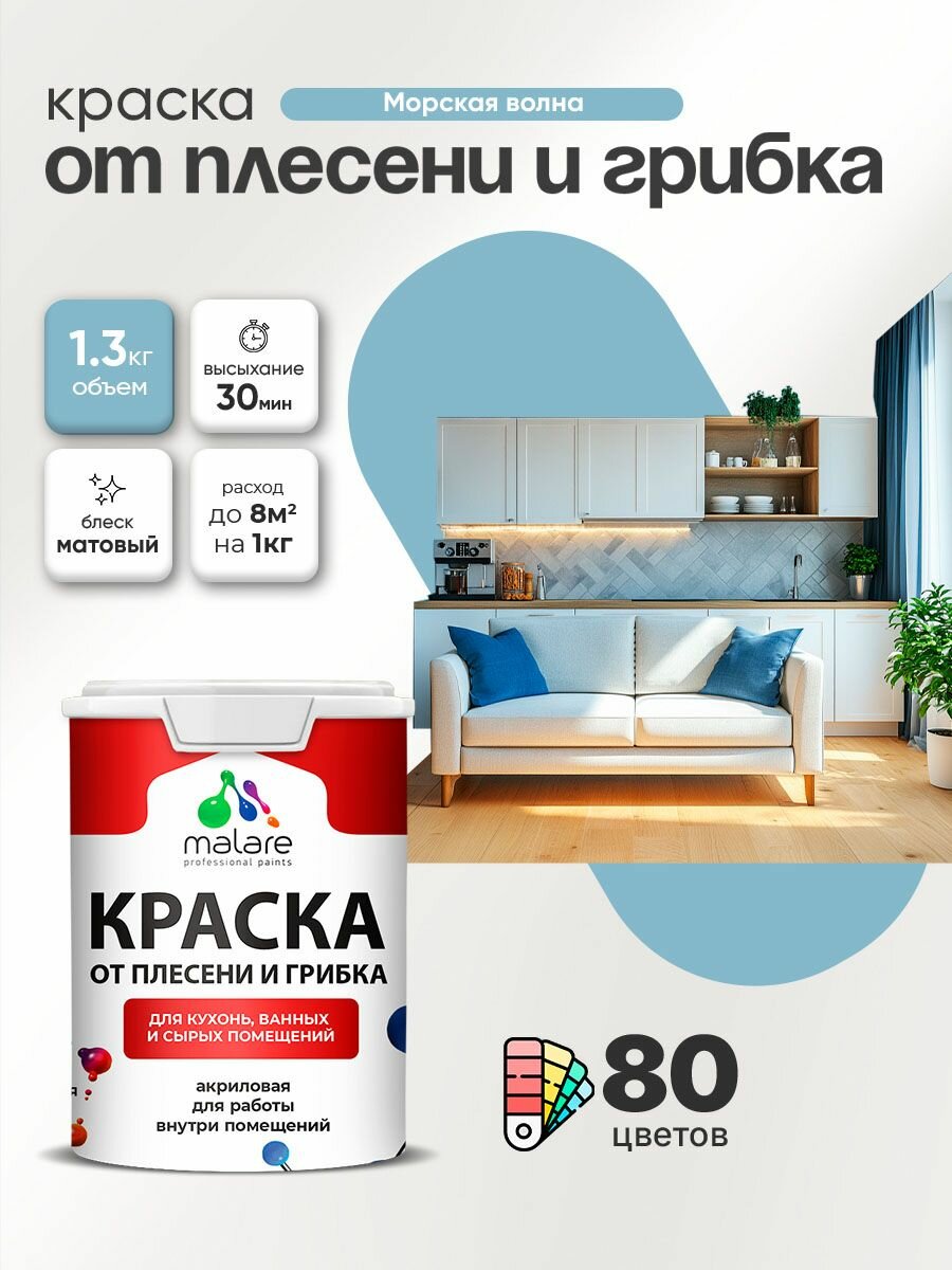 Краска Malare Professional от плесени и грибка, для кухни, ванных комнат и сырых помещений, без запаха матовая, морская волна, (1л - 1.3кг).